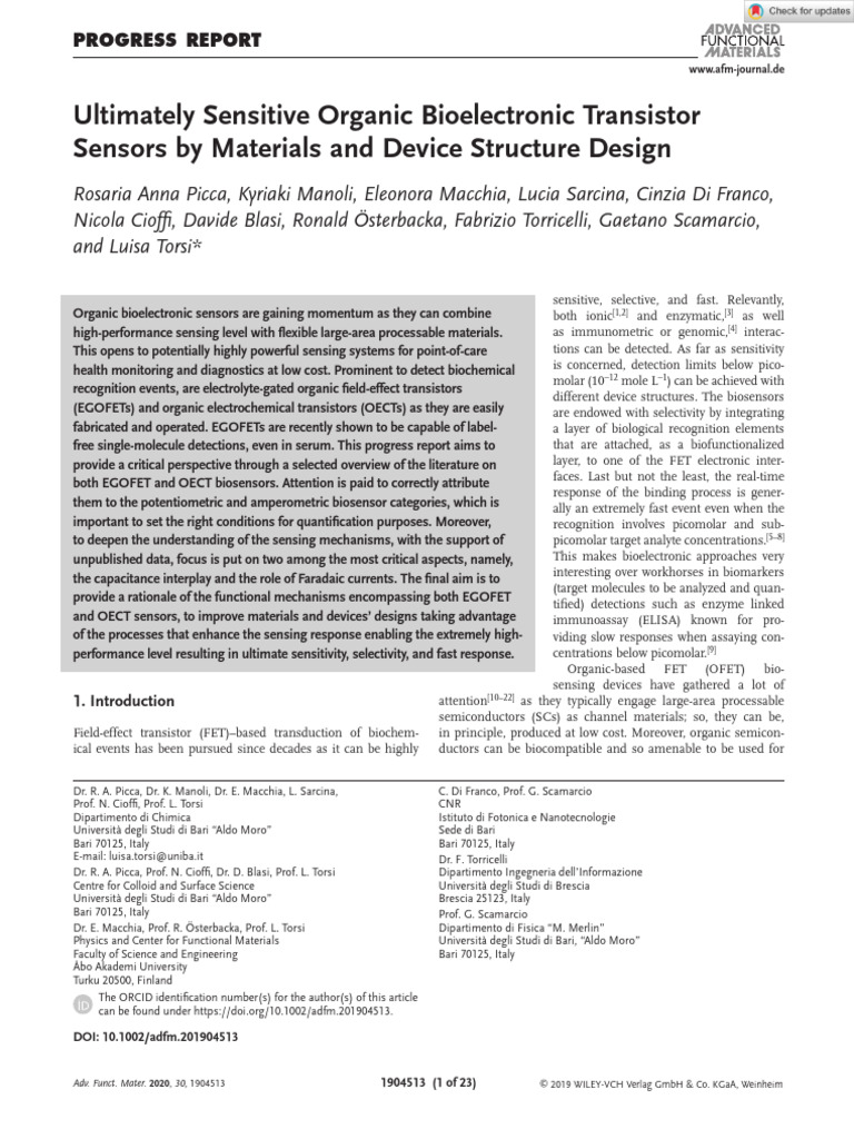 Adv Funct Materials - 2019 - Picca - Ultimately Sensitive Organic Bioelectronic Transistor ...