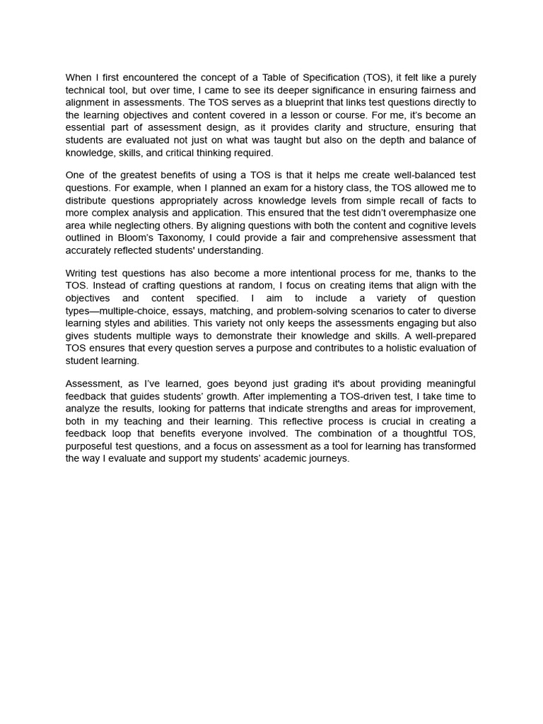 Topic 7 Table of Specification, Test Questions, and Assessment | PDF