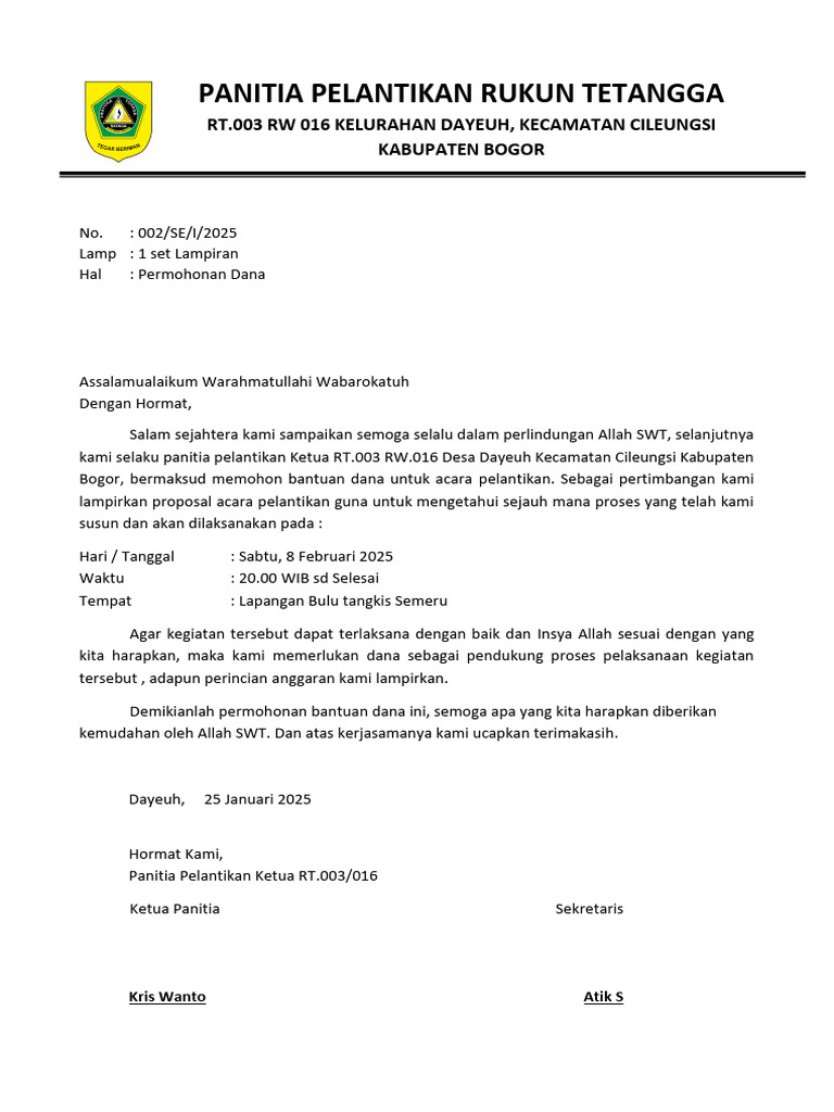 Proposal Pelantikan RT | PDF