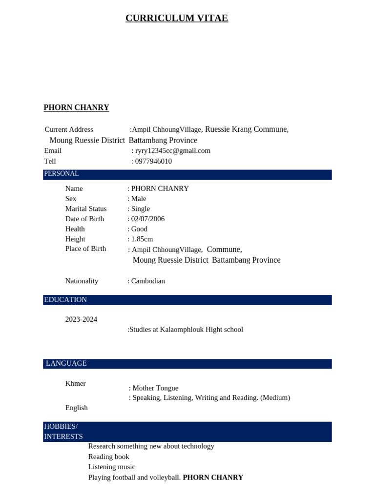PHORN CHANRY .CV | PDF