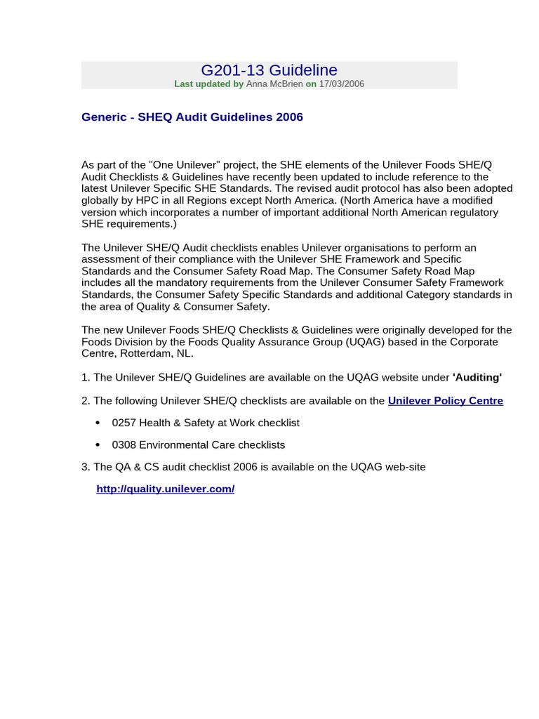 Unilever SHE/Q Audit Guidelines 2006 | PDF
