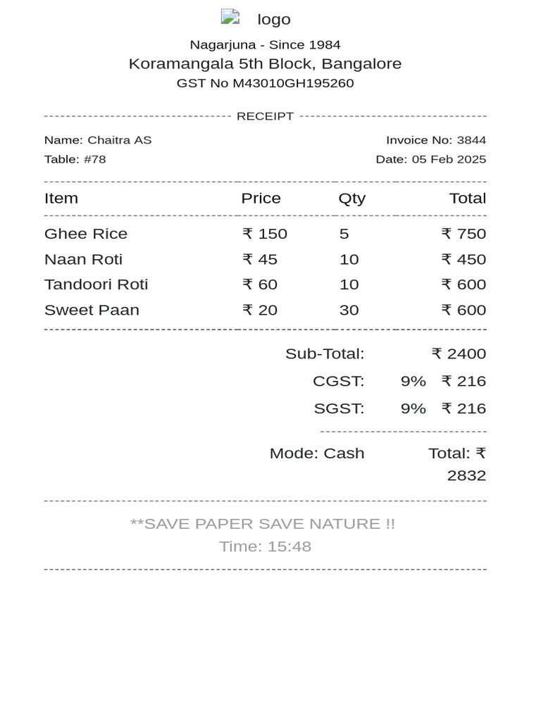 Nagarjuna Restaurant Invoice Receipt | PDF