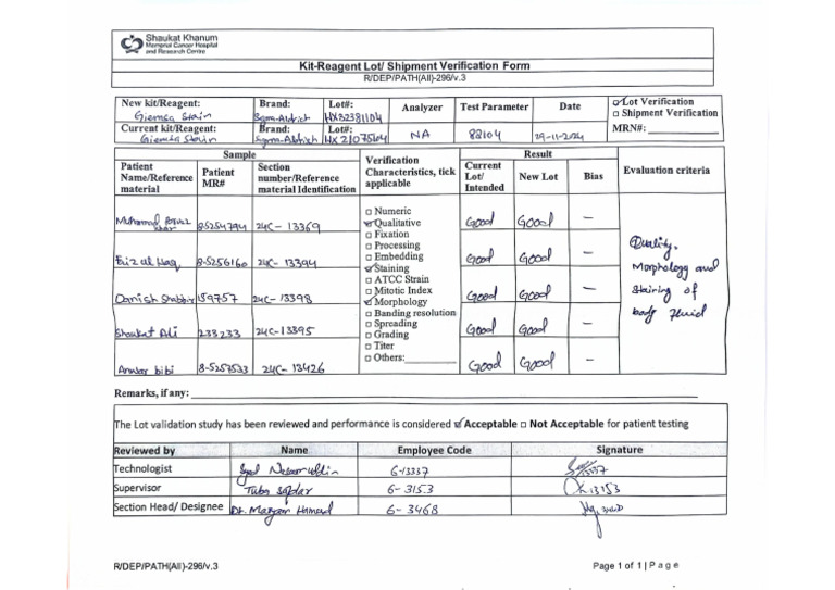 Giemsa Stain Reagent Lot Validation | PDF