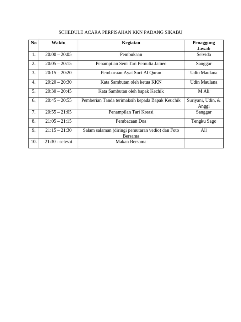 Schedule Acara Perpisahan KKN Padang Sikabu | PDF
