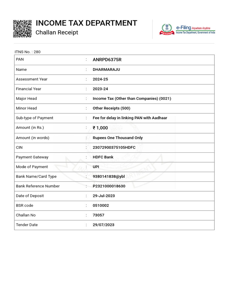 Income Tax Challan Receipt 2024-25 | PDF | Taxes | Payments