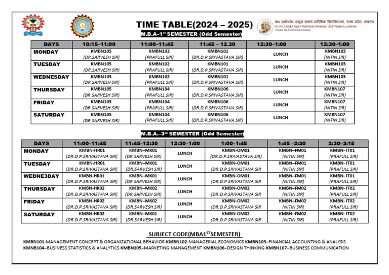 REVISED MBA 1st - 3rd - TIME TABLE-1 2024 - 25 | PDF
