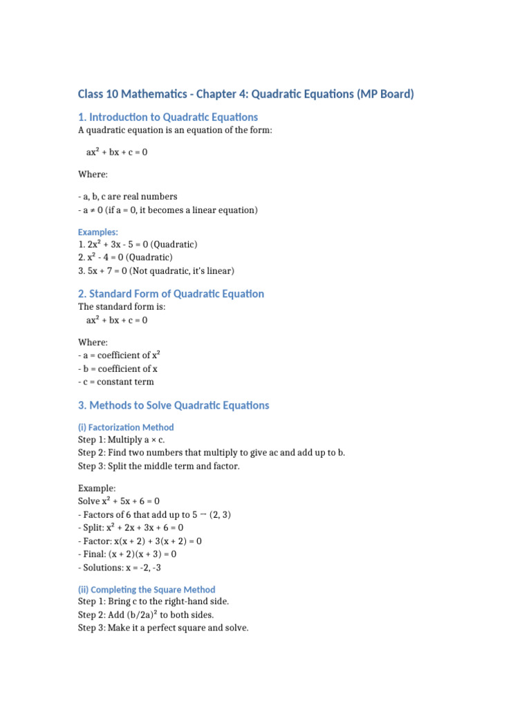 Chapter 4 Quadratic Equations Notes | PDF