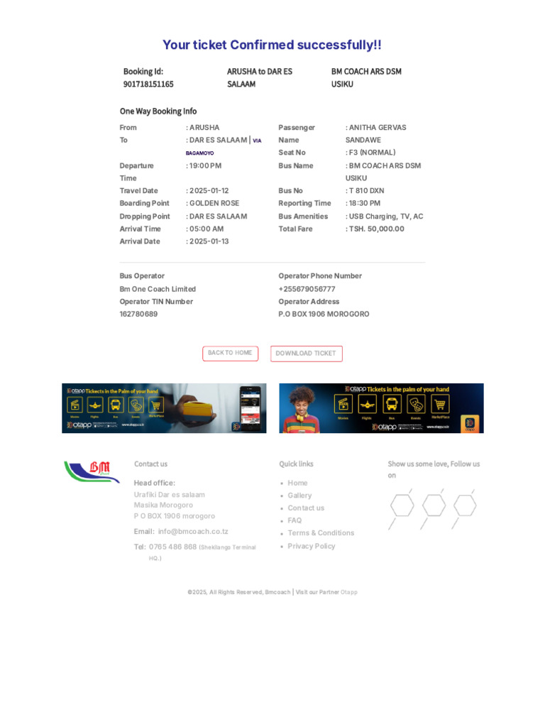BM Coach Booking Details: Arusha to Dar | PDF