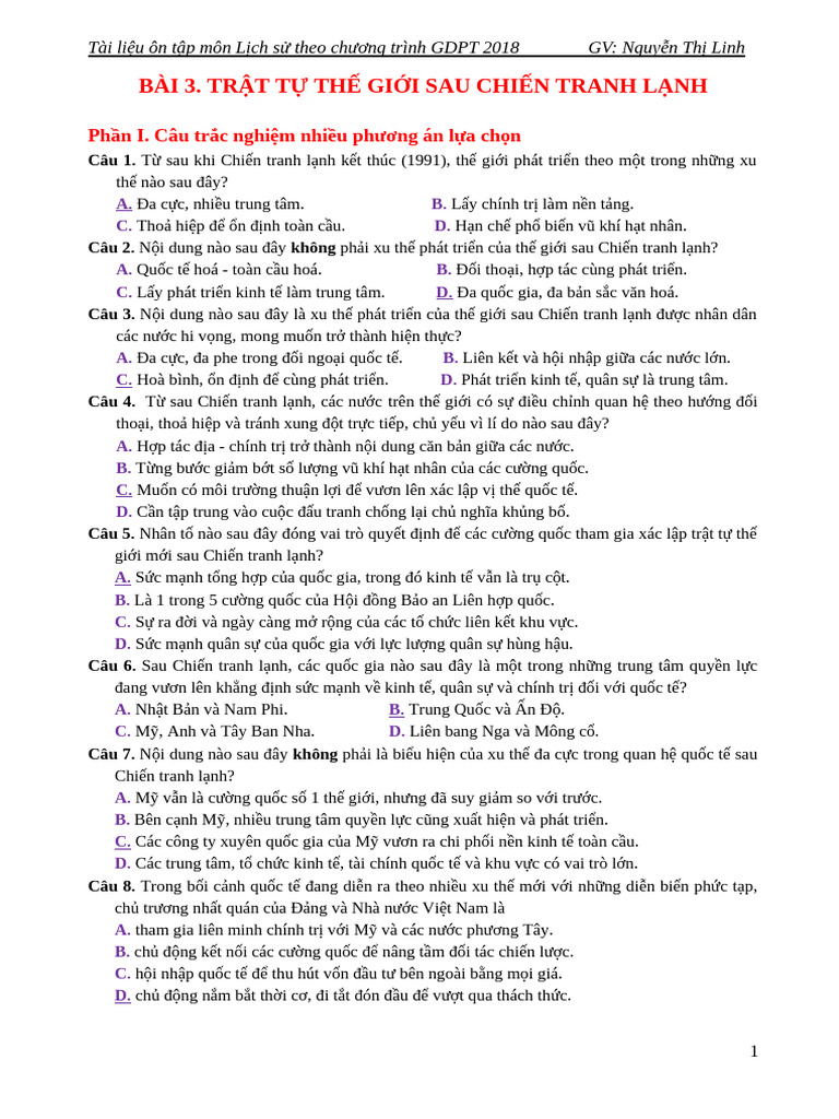 Linh - ĐA - B3. TỔNG HỢP CÂU HỎI TN SỬ 12. HKI | PDF