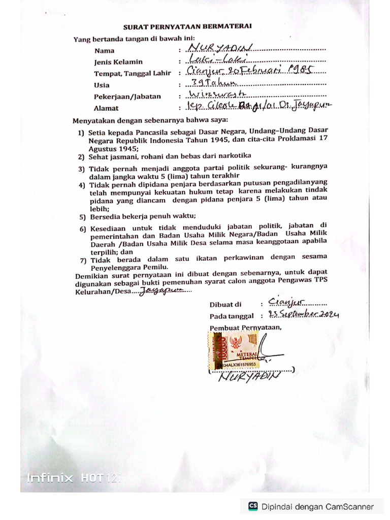 Surat Pernyataan Bermaterai | PDF