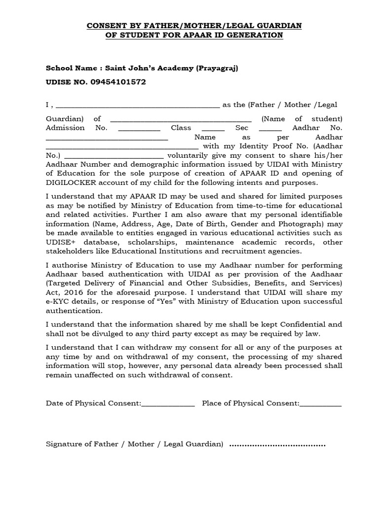 Consent Form For Apaar Id | PDF