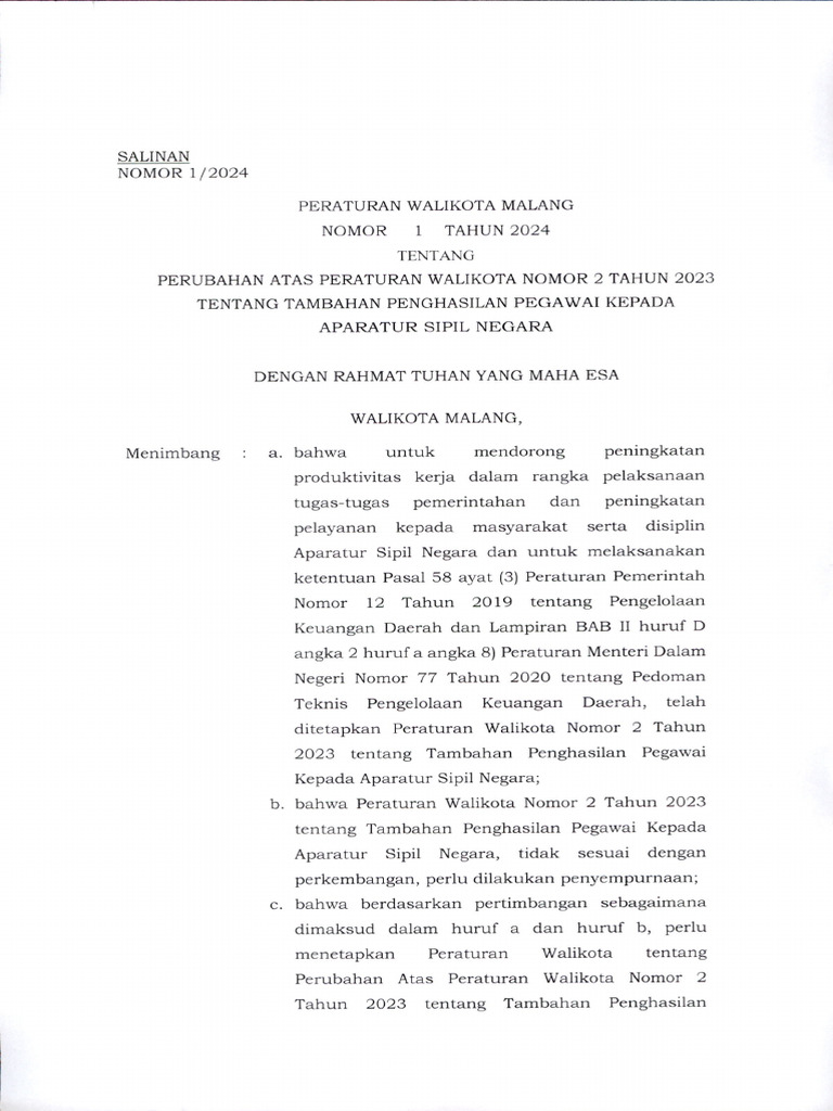 Perubahan TPP ASN Pemkot Malang 2024 | PDF