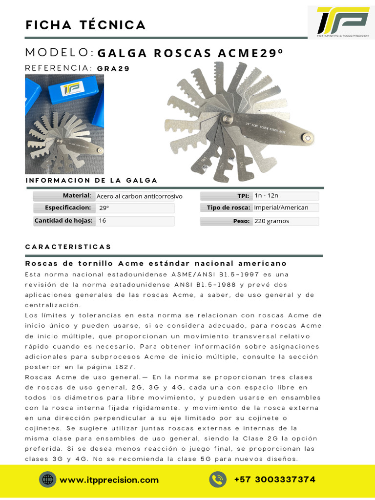 Ficha Tecnica Galga Roscas ACME | PDF | Tolerancia de ingeniería | Tornillo