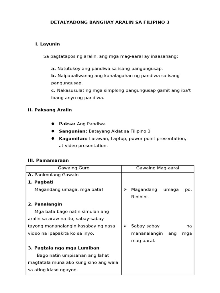 Detalyadong Banghay Aralin Sa Filipino 3 | PDF