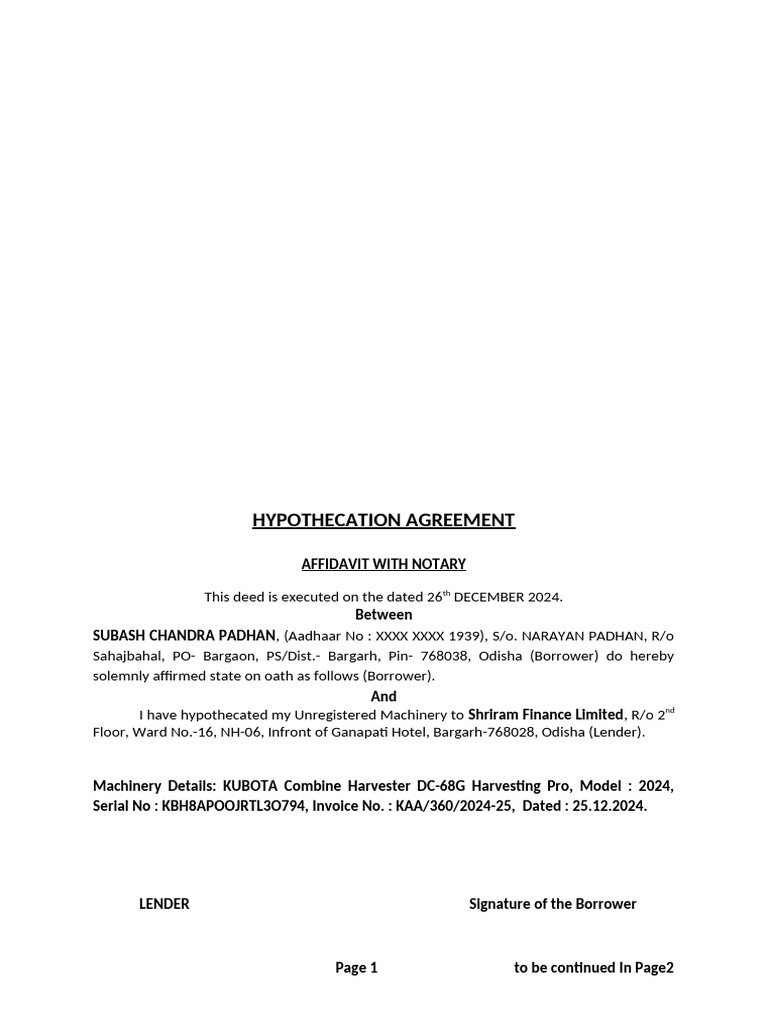 Hypothecation Agreement for Machinery | PDF