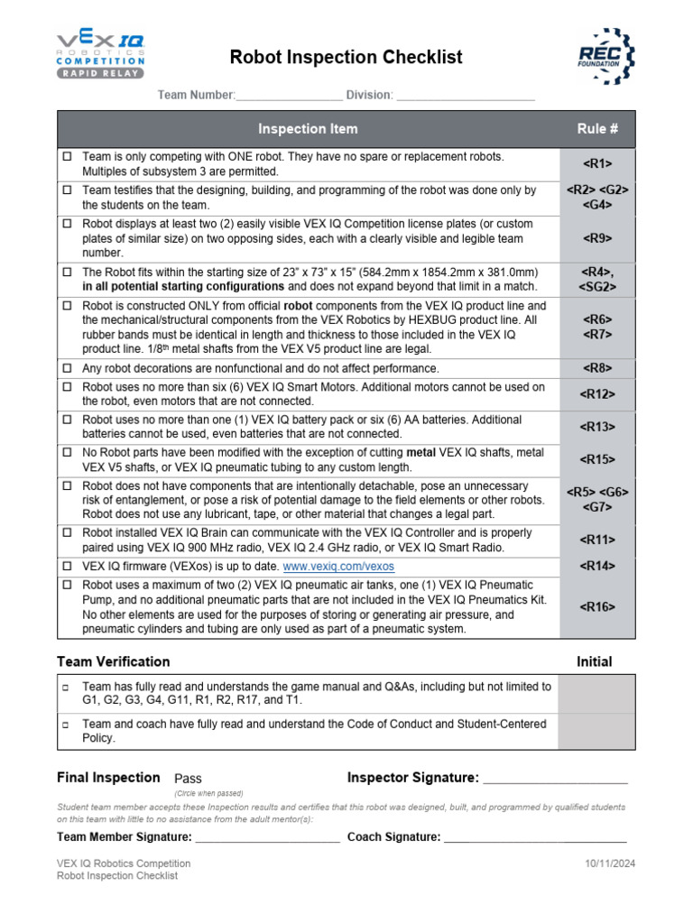 VIQRC Rapid Relay Robot Inspection Checklist - v3 - 2024-10-11 | PDF