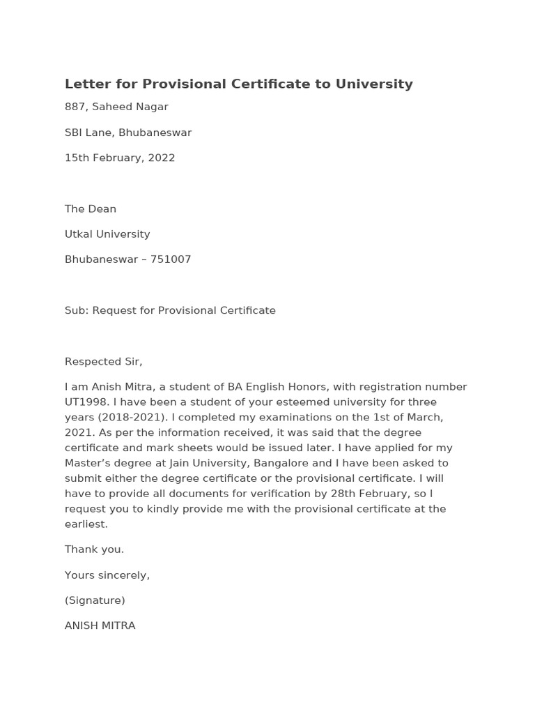 Letter For Provisional Certificate To University | PDF