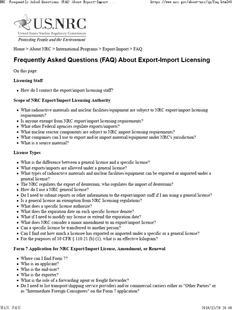 US NRC Frequently Asked Questions (FAQ) About Export-Import Licensing ...