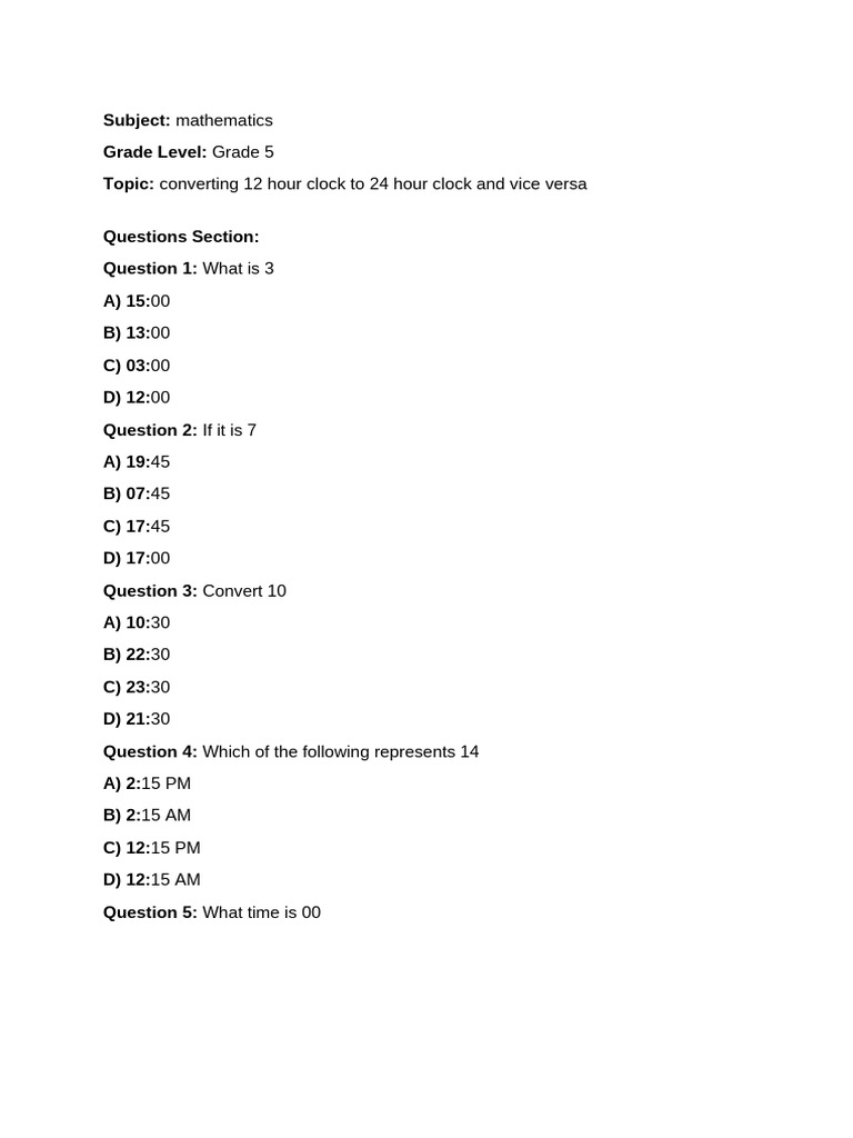 Quiz - Converting 12 Hour Clock To 24 Hour Clock and Vice Verse | PDF