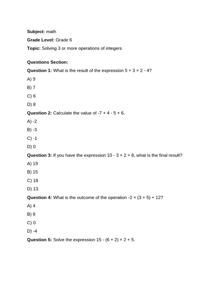 Grade 6 Integer Operations Quiz | PDF | Mathematics | Arithmetic