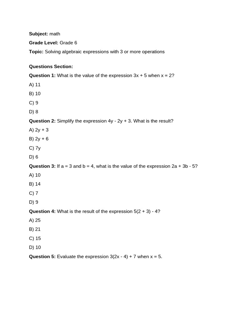 Grade 6 Algebraic Expressions Quiz | PDF | Mathematics | Algebra