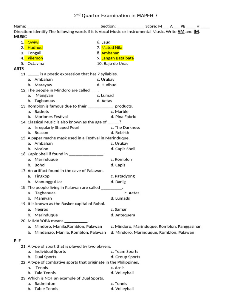 Exam-G7 2nd Grading | PDF | Vegetables