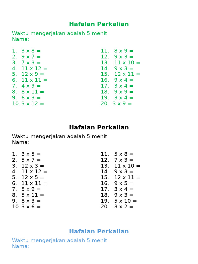 Hafalan Perkalian 3, 5, 11 | PDF