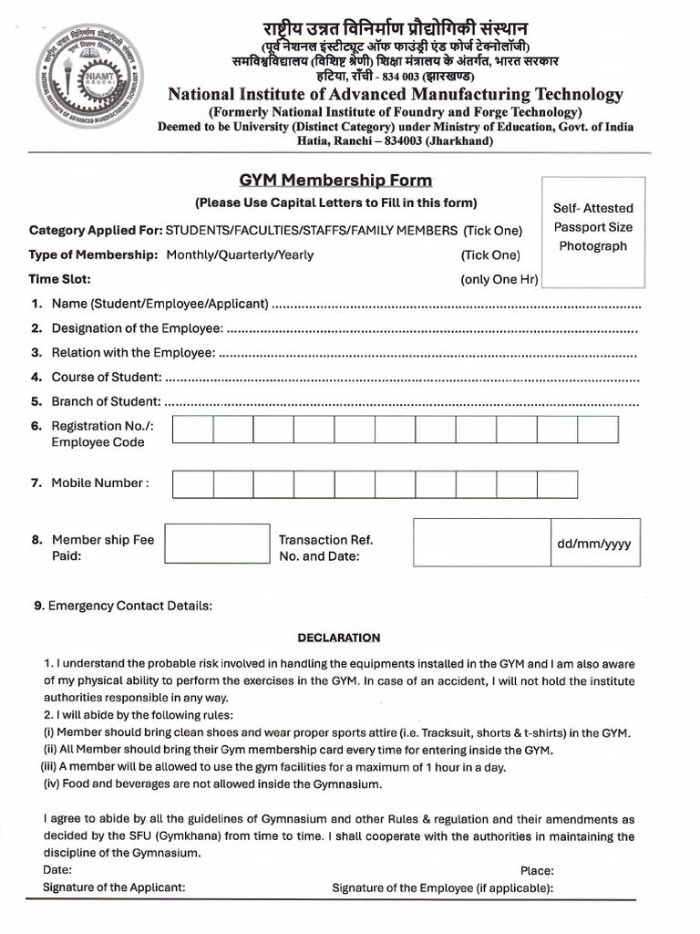 GYM Membership Form | PDF