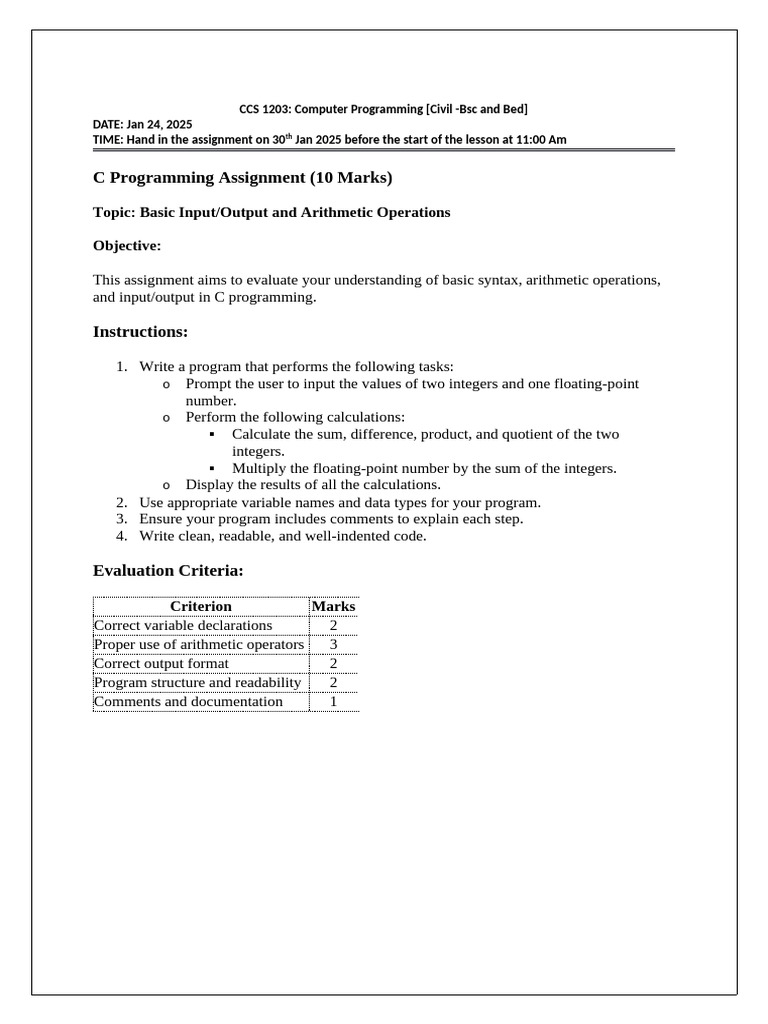 CCS 1203 Computer Programming Assignment Civil and BEd | PDF