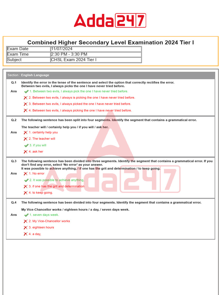 SSC CHSL Tier 1 Question Paper 11 July 2024 Shift 3 | PDF | Organic ...
