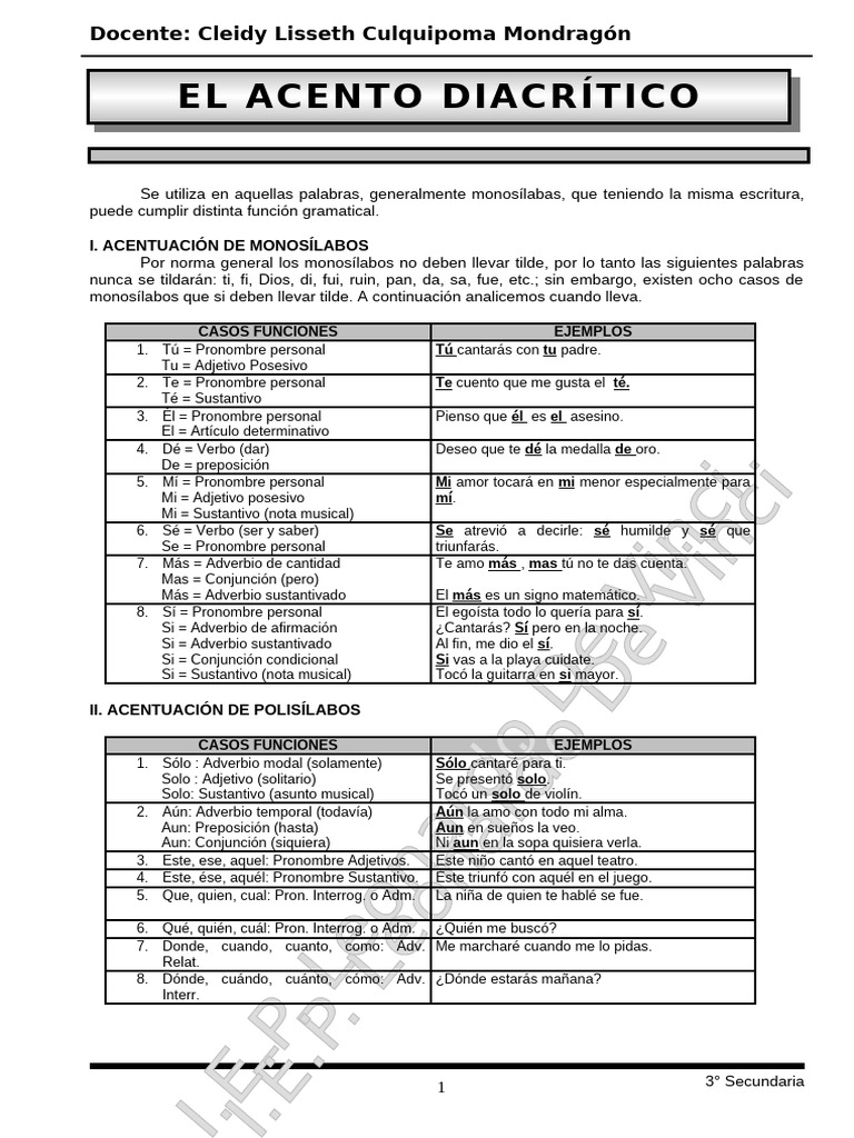 Acentuación y acento diacrítico | PDF | Pronombre | Adjetivo