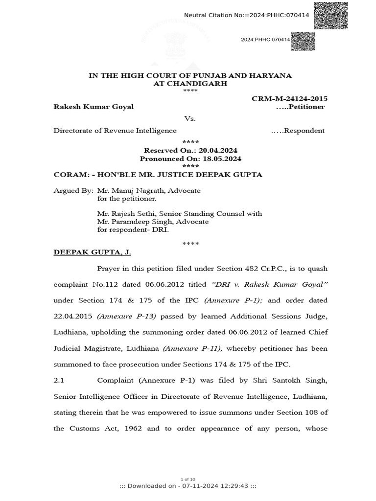Rakesh Kumar Goyal Vs Dri P&H HC | PDF | Summons | Crimes