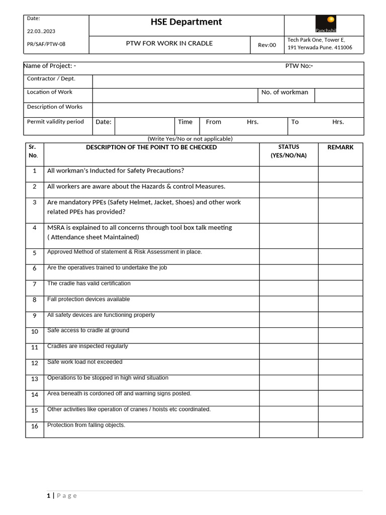 Ptw for Work in Cradle | PDF | Safety | Occupational Safety And Health