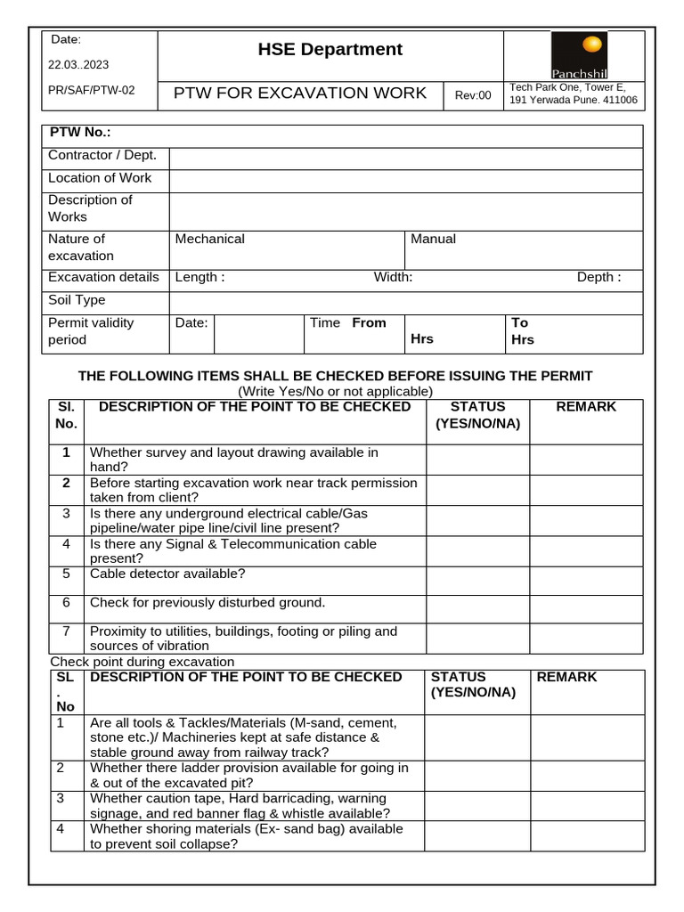 Excavation Work Permit Checklist | PDF