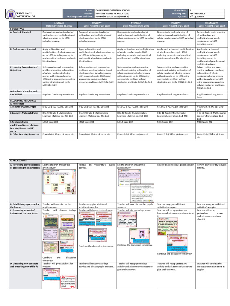 Grade 2 Math Daily Lesson Plan | PDF | Teachers | Subtraction