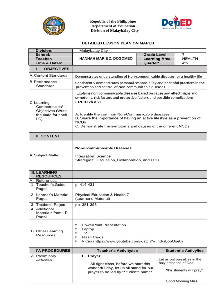 Detailed Lesson Plan on NCDs for MAPEH | PDF | Non Communicable Disease ...
