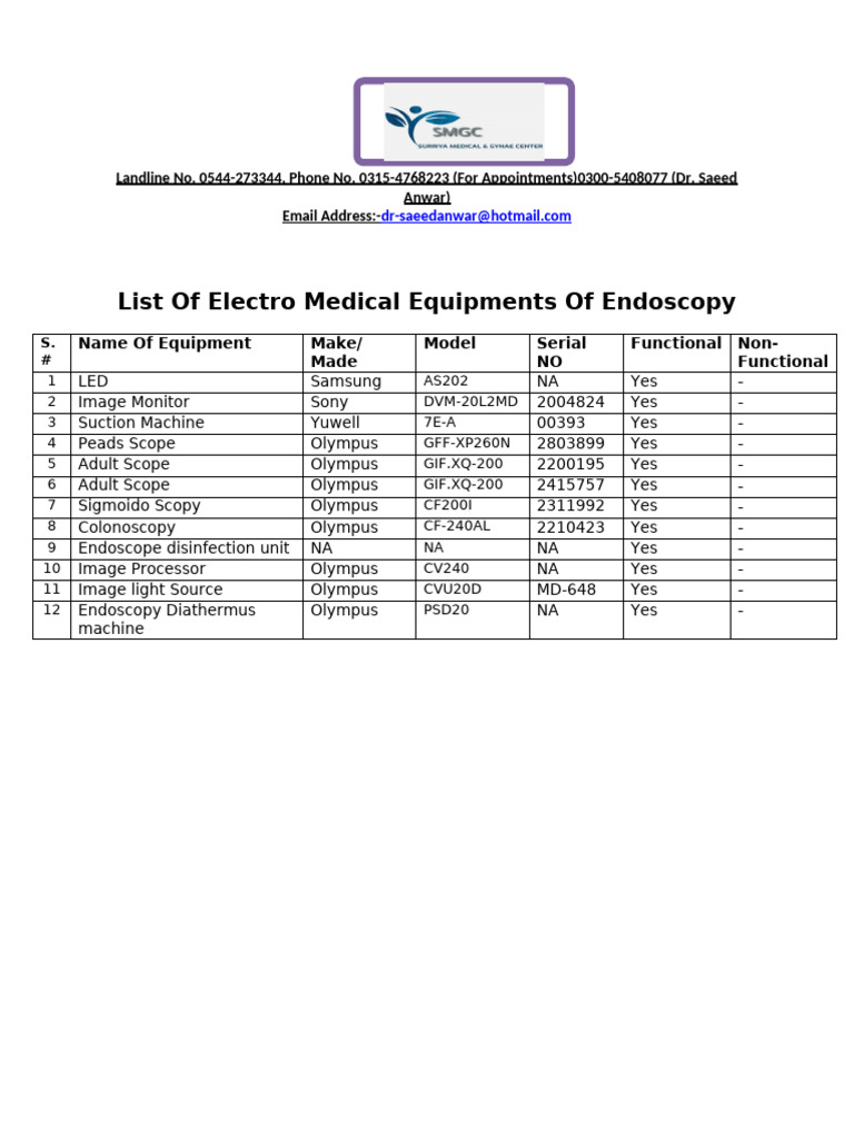 List Of Electro Medical Equipments Of Endoscopy | PDF | Cardiology ...