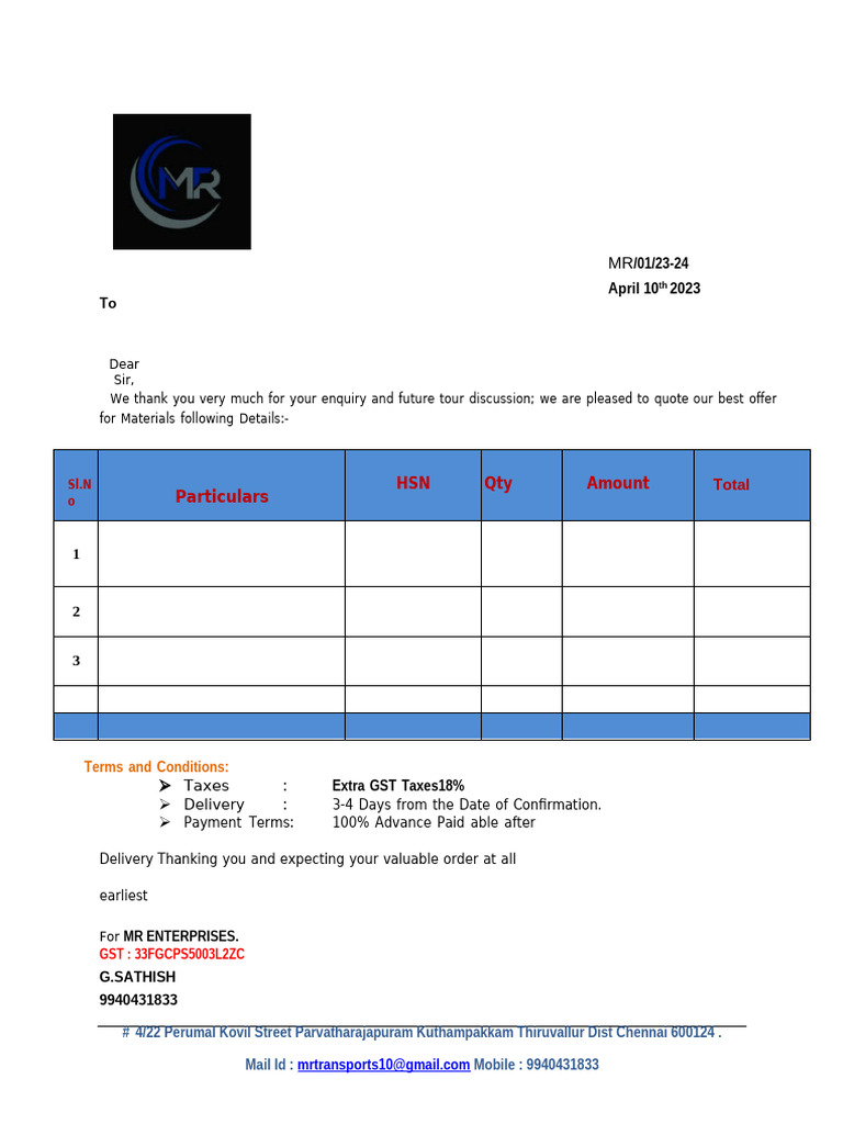 Quotation for Materials Supply | PDF
