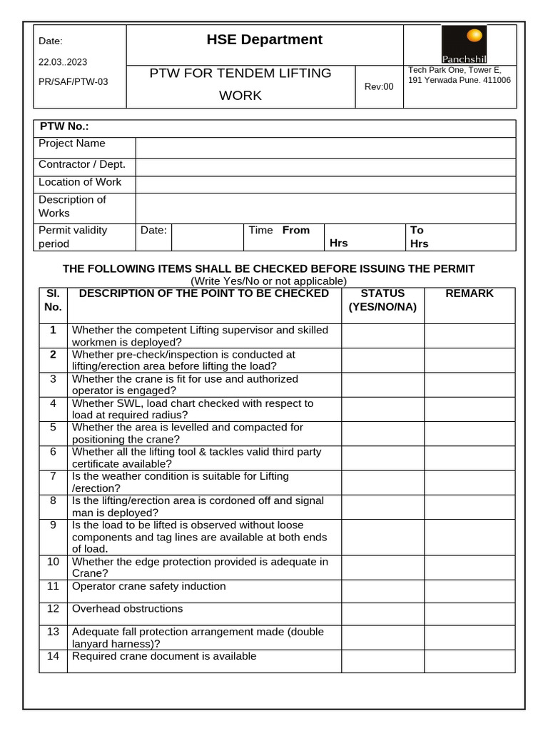 PTW For Tandem Lifting Work | PDF | Crane (Machine) | Occupational ...