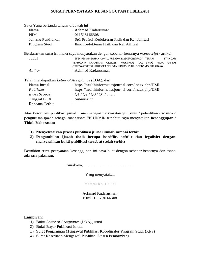 Surat Pernyataan Kesanggupan Publikasi Profesi | PDF