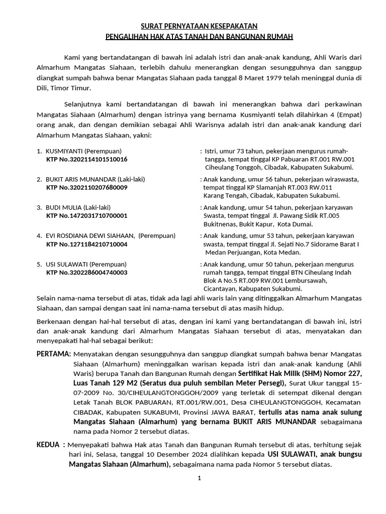 Surat Pernyataan Pengalihan Hak Atas Tanah Dan Bangunan Rumah Alm ...