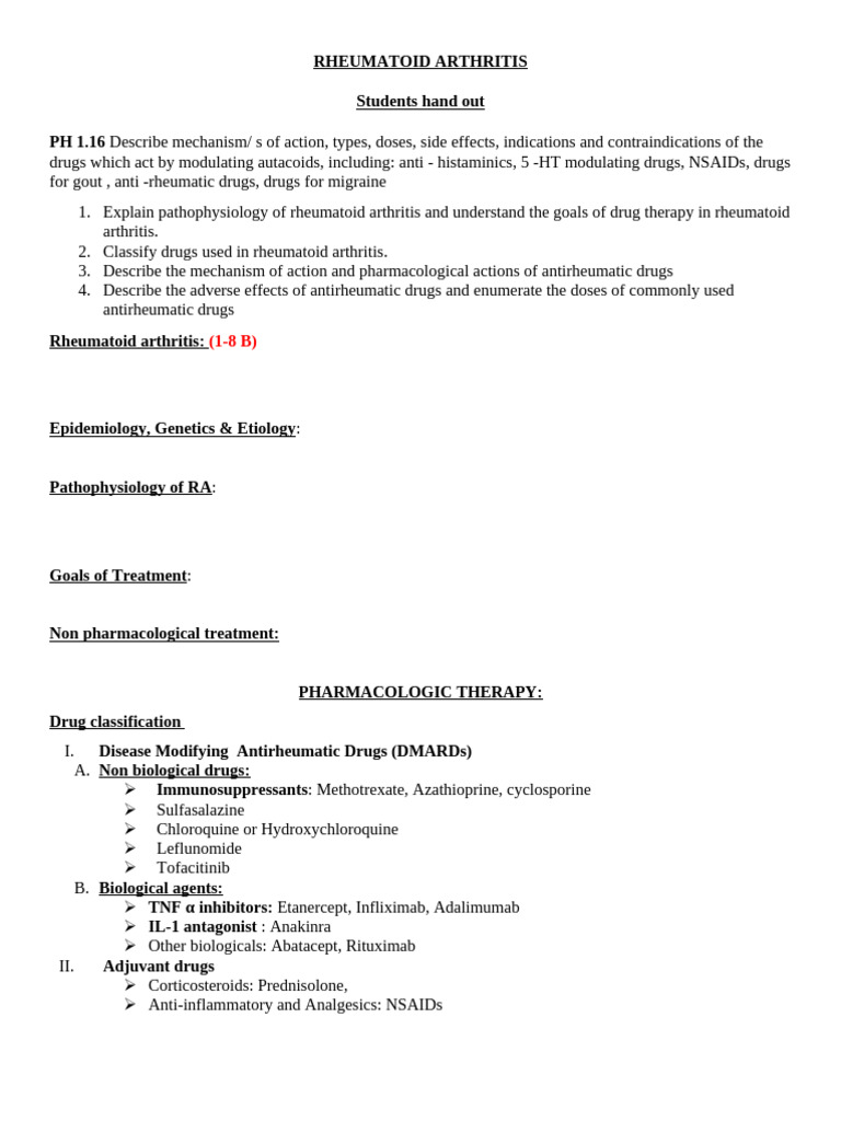 Rheumatoid Arthritis Students Hand Out | PDF