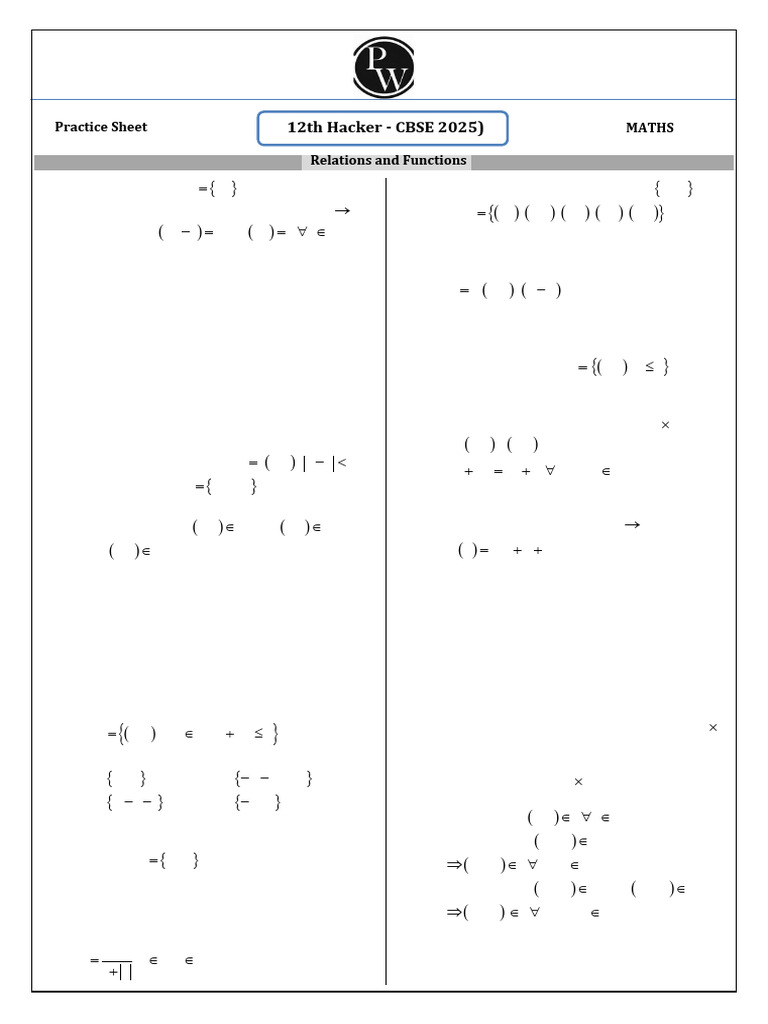 Relations and Functions - Practice Sheet - 12th Hacker - CBSE 2025 | PDF | Function (Mathematics ...