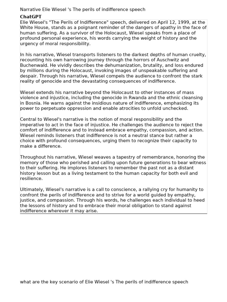 What Are The Key Scenario of Elie Wiesel 'S The Perils of Indifference ...