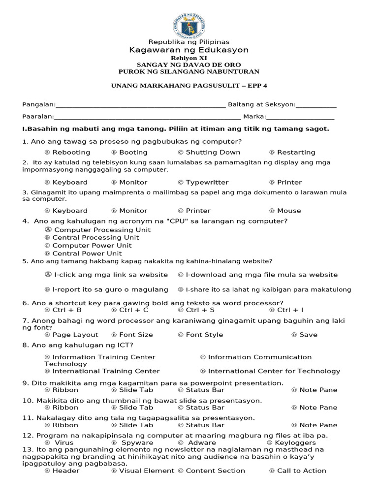 Epp 4 Ict First Grading | PDF