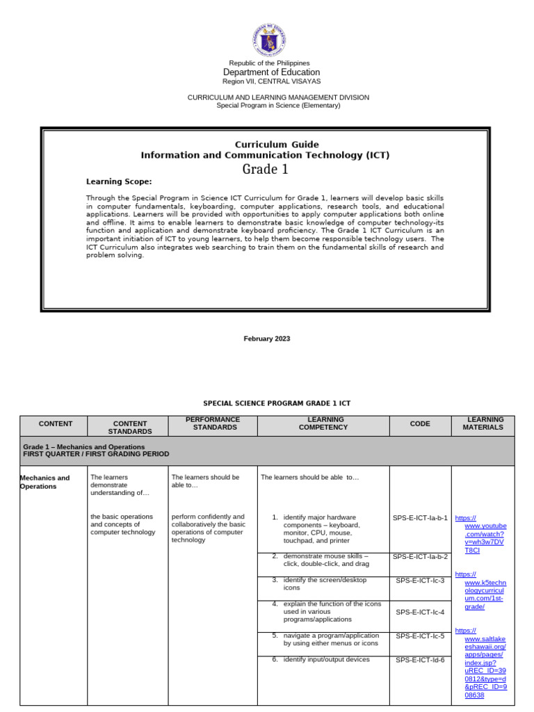 Grade 1 ICT Curriculum Guide | PDF | Educational Technology | World ...
