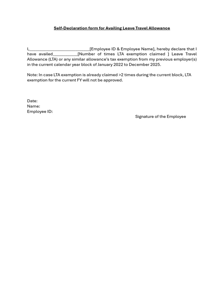 Self-Declaration Form For Availing Leave Travel Allowance | PDF