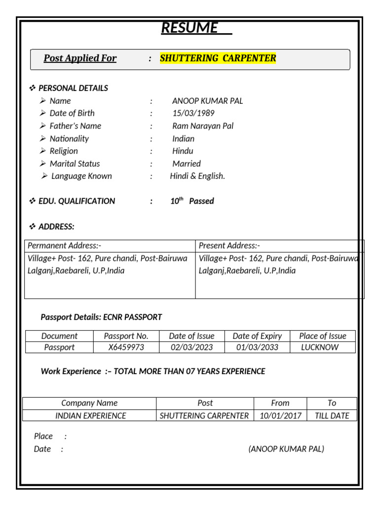 Shuttering Carpenter Resume | PDF