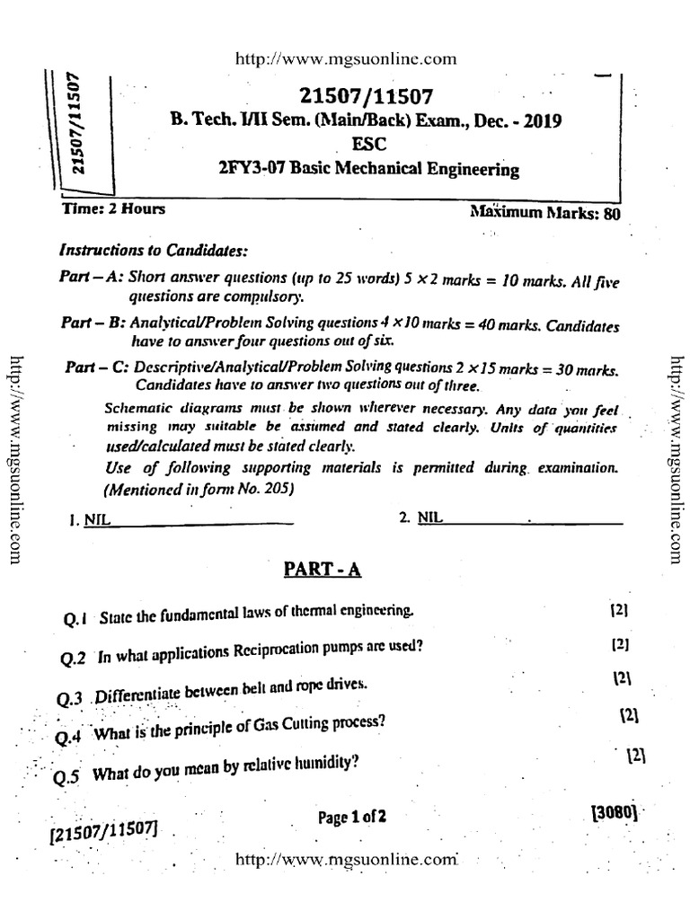 Btech 1 Sem Basic Mechanical Engineering 21507 Dec 2019 | PDF