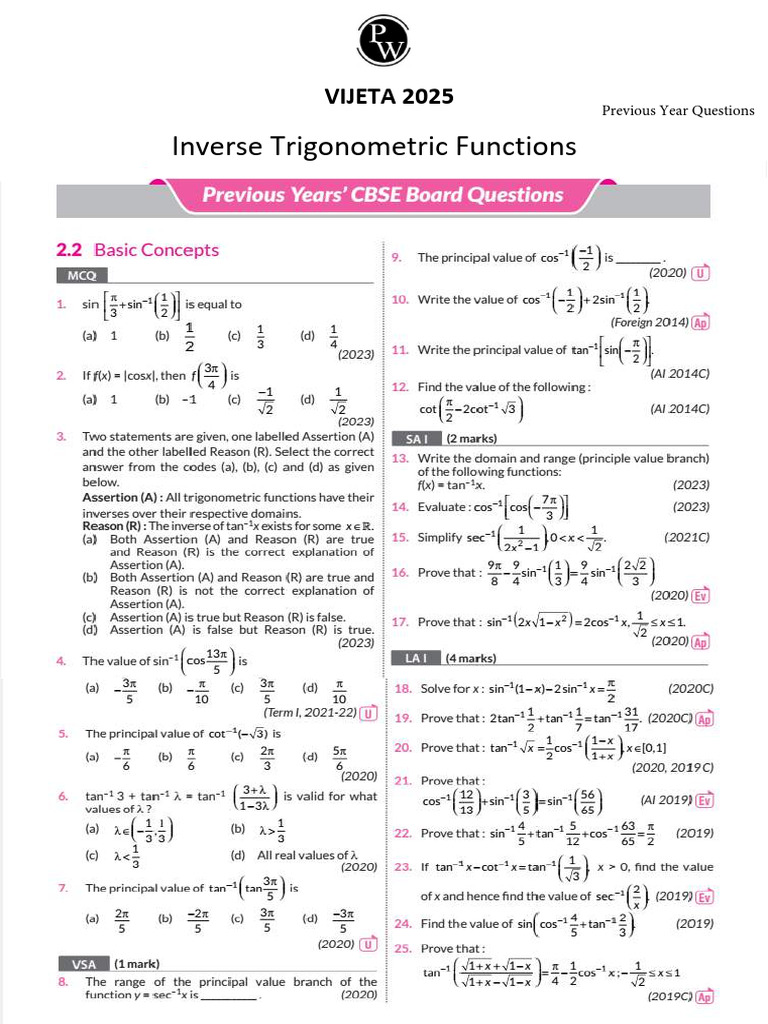 Inverse Trigonometric Functions Previous Year Questions Vijeta 2025 Pdf